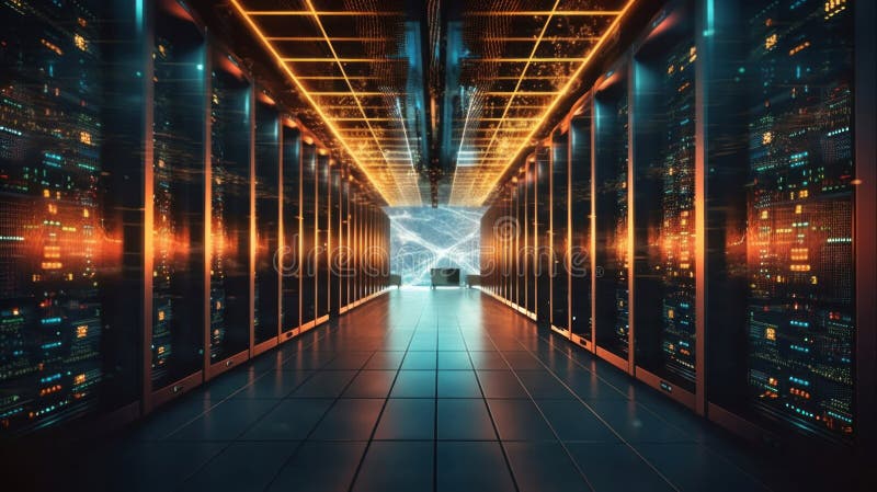 Servers Data Center Room with Computers and Storage Systems and Glowing ...
