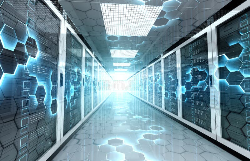 Servers Data Center Room with Computers Storage Systems and Hexagonal ...