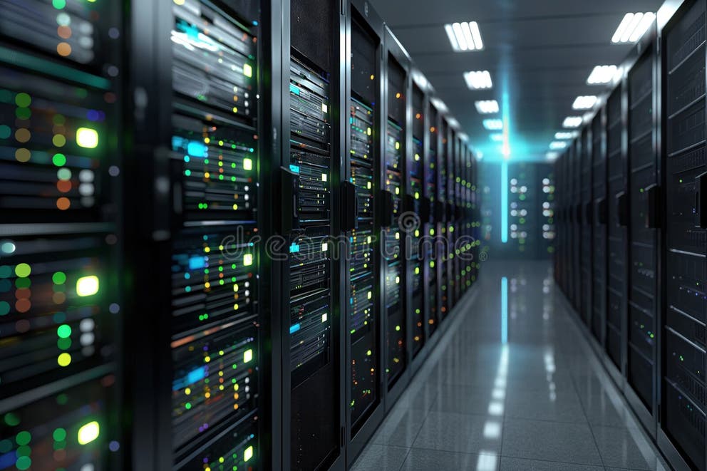 Servers in Data Center Room with High-density Storage Systems. 3D ...