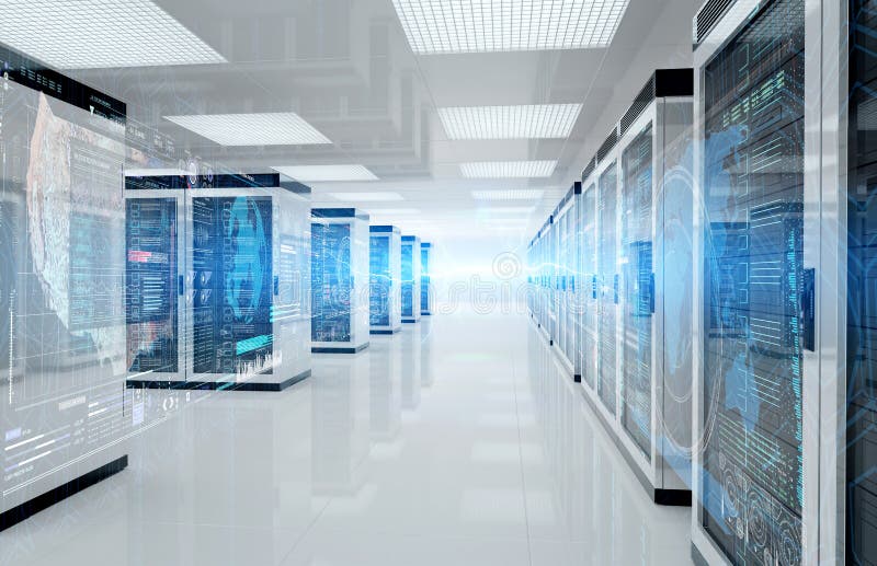 Servers Data Center Room with Storage Systems and Digital Graphs and ...