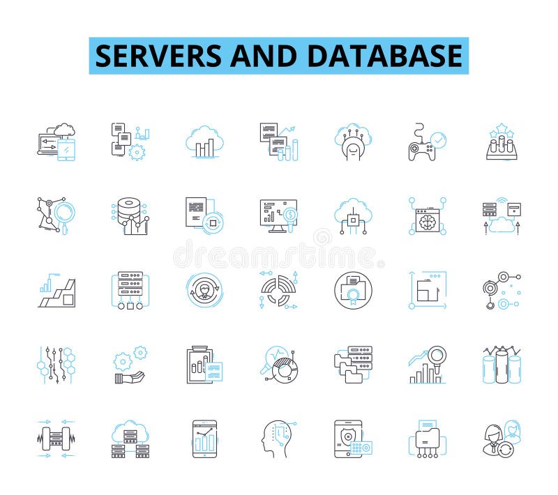 Servers and Database Linear Icons Set. Reliability, Capacity, Scalability, Redundancy, Uptime ...
