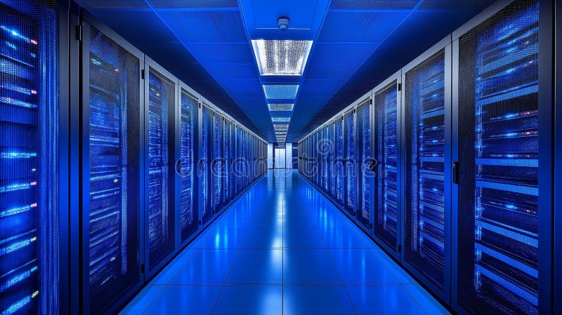 Servers in a High-tech Data Center, with Cool Blue Lighting and Rows of ...