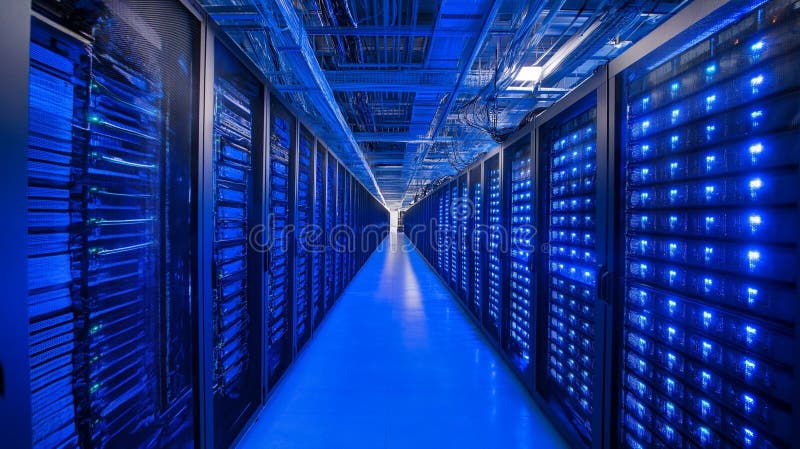 Servers in a High-tech Data Center, with Cool Blue Lighting and Rows of ...