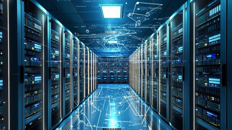 Servers and Network Visualized in a Long Hallway with Digital Circuits ...