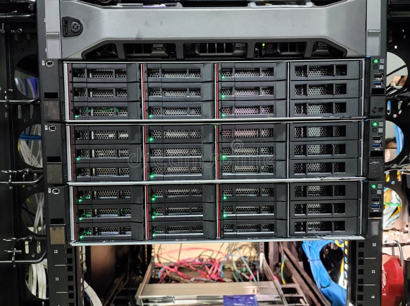 A Row of Servers in a Server Room with Red and Blue Lights Stock Photo ...