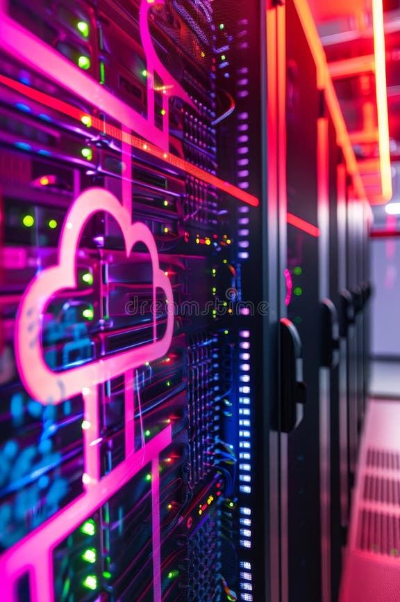 Servers Stacked in Data Center with Neon Cloud Icon, Modern Technology ...