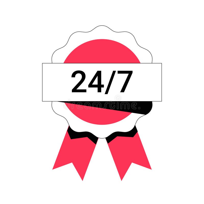 24 7 Service Badge with Ribbon in Flat Vector Illustration Symbolizing ...