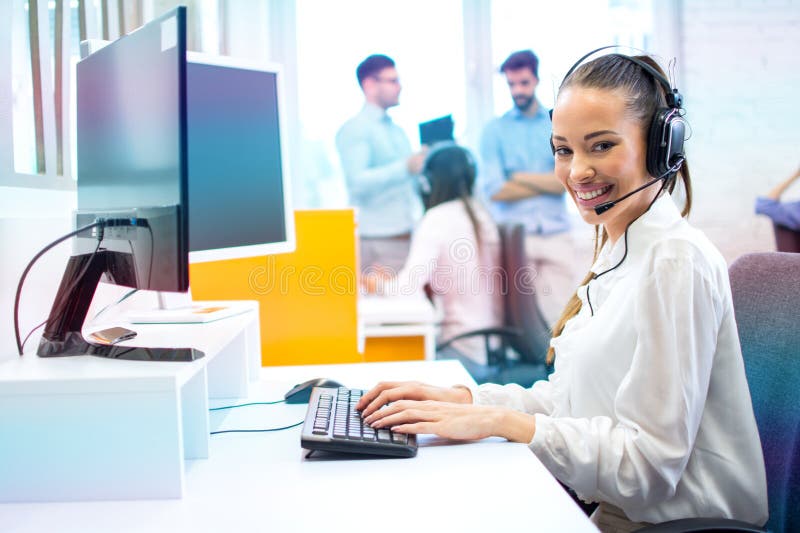 It Service Desk Operator Woman in Headset Working on Computer and ...