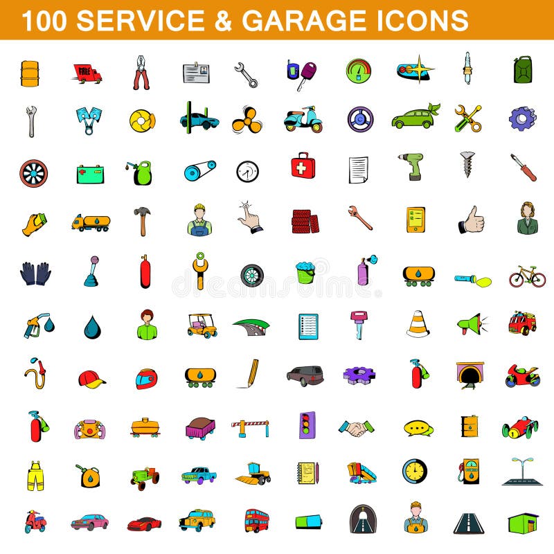 100 Service and Garage Icons Set, Cartoon Style Stock Vector ...