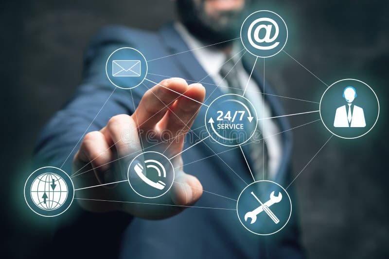 24.7 Service and Icons. Man Tapping on the Screen Stock Illustration ...