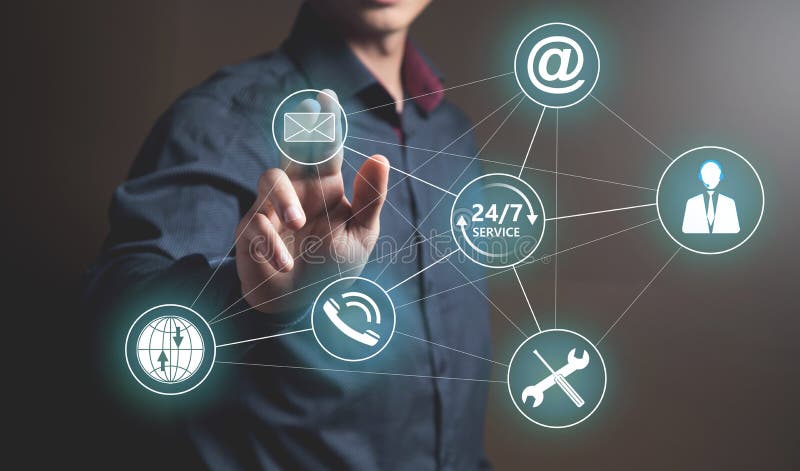 24.7 Service and Icons. Man Tapping on the Screen Stock Photo - Image ...