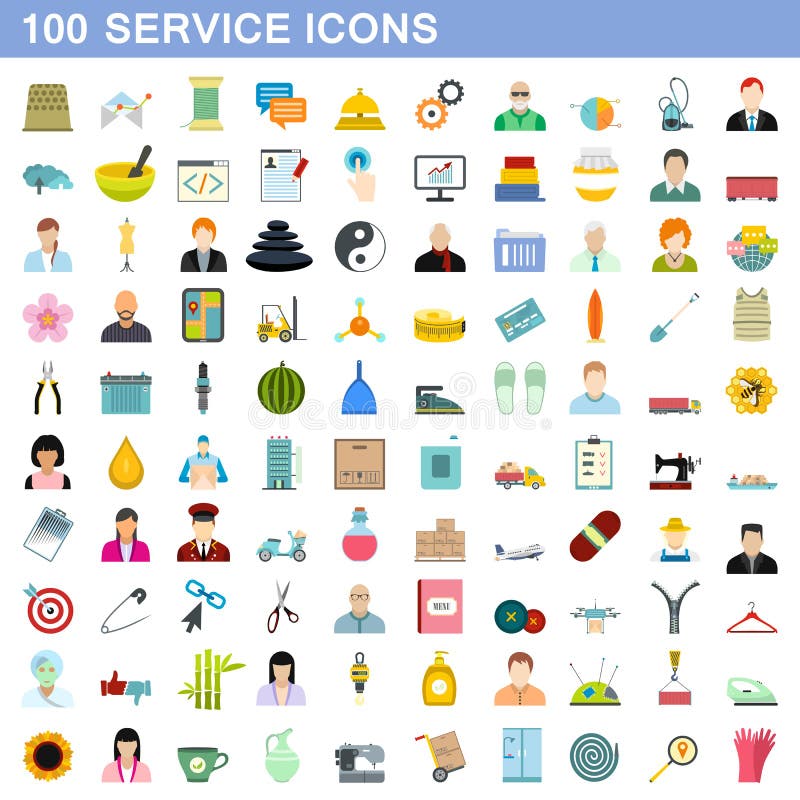 100 Service Icons Set, Flat Style Stock Vector - Illustration of hanger ...