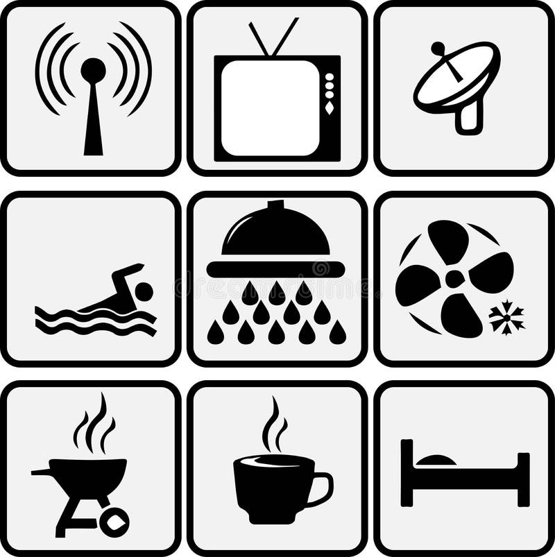 Icons of Black and White with Road Signs of Places for Rest of Drivers ...