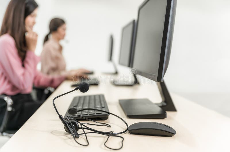 Service Support Call Center Operators Concept. VOIP Black Headset on ...