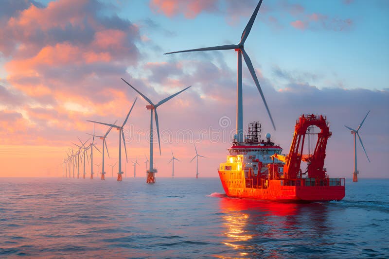 Service Vessel Maintaining Offshore Wind Turbines at Sunset Stock Photo ...
