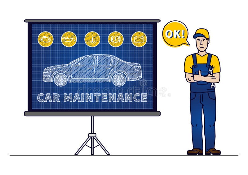 Serviceman with Car Maintenance Chart Board Vector Illustration Stock ...