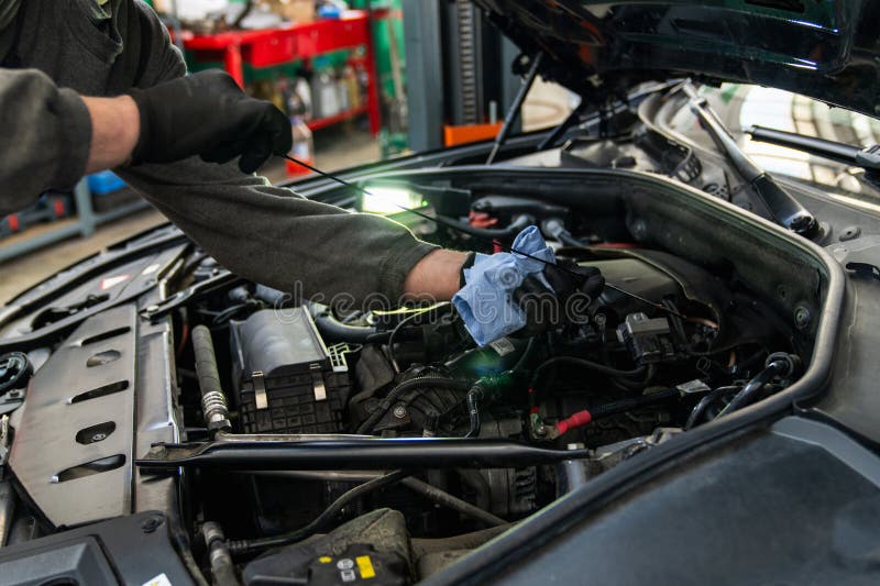 Serviceman Checks the Oil Level in a Car Engine Stock Image - Image of ...