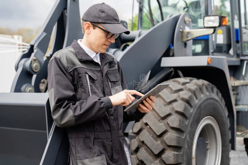 Serviceman with Digital Tablet on a Background of the Tractor. Stock ...