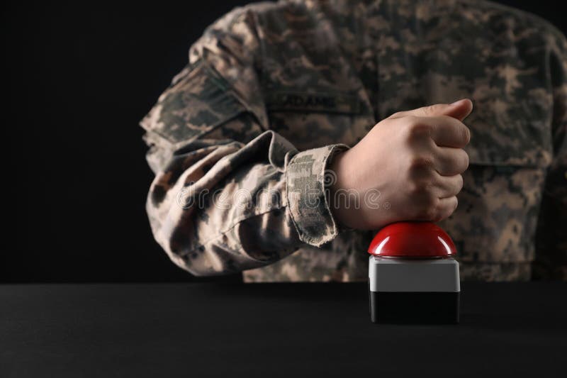 Red Button of Nuclear Weapon on Black Background, Top View with Space ...
