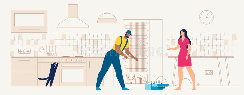Serviceman Repairing Fridge on Kitchen Flat Vector Stock Vector ...