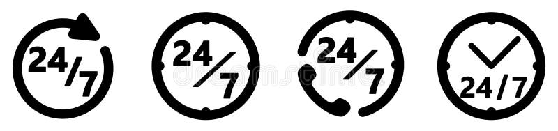24/7 Services Icon. Simple Circle / Clock Drawing with Text. Four ...