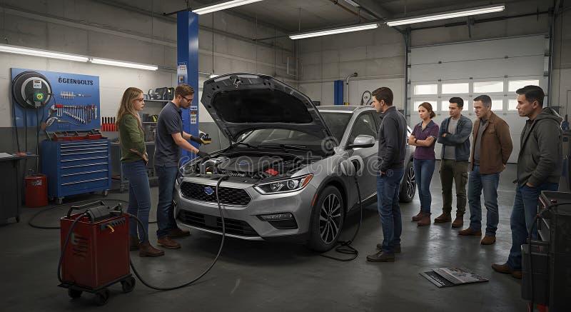 Servicing Electric Car with Group Watching in Garage Stock Illustration ...