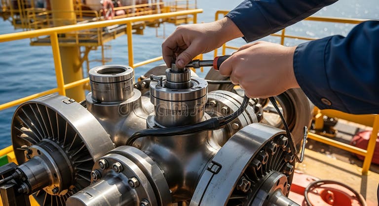 Servicing Industrial Equipment Using Tool at Offshore Platform Stock ...