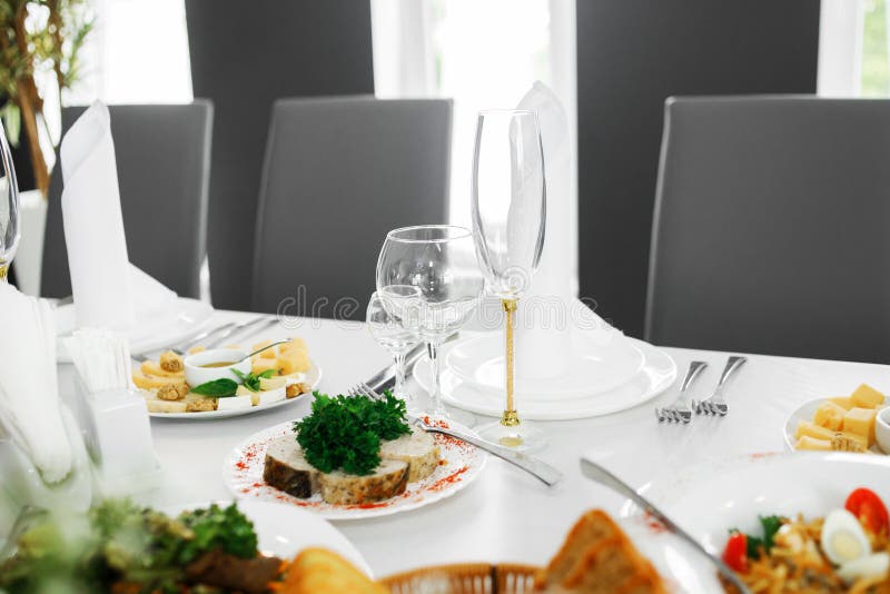 Serving the Banquet Table. Glass, Plate, and Utensils Stock Image ...