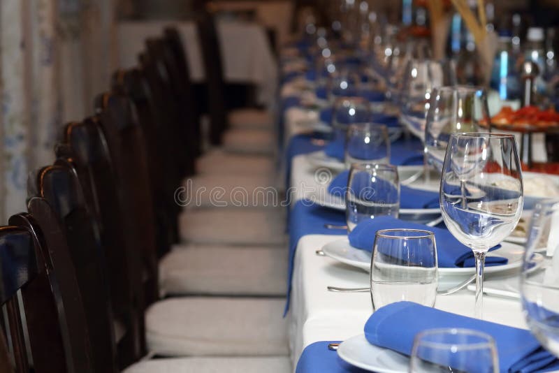 Serving Banquet Table in a Restaurant in Blue and White Style Stock ...