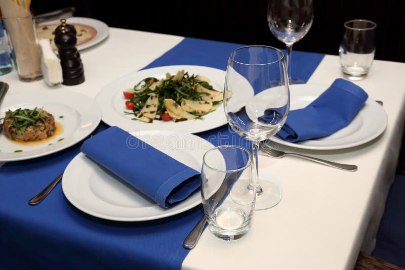 Serving Banquet Table in a Restaurant in Blue and White Style Stock ...