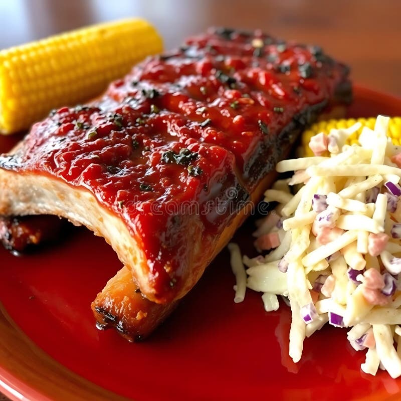 A Serving of BBQ Ribs with Corn on the Cob and a Side of Coleslaw Stock ...