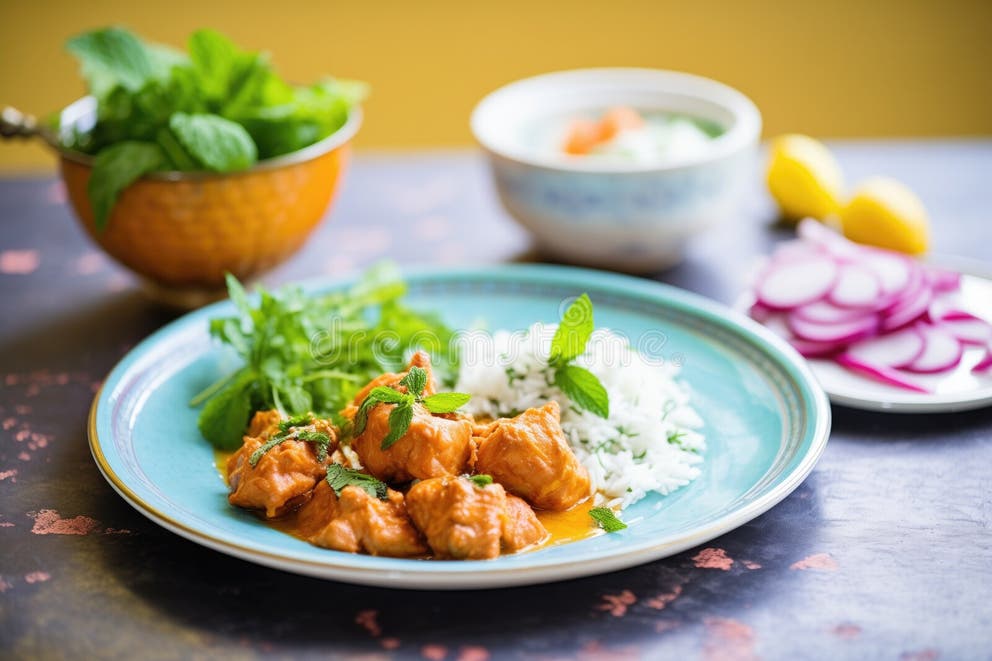 Serving Butter Chicken on a Plate with a Side of Mint Chutney Stock ...