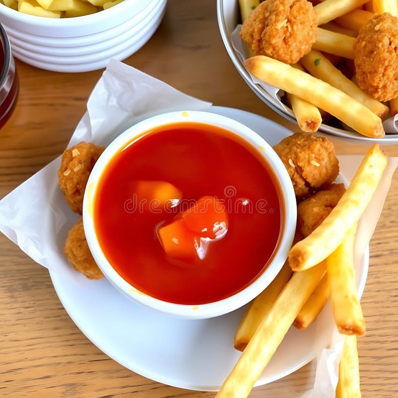 A Serving Of Chicken Nuggets With Sweet And Sour Dipping Sauce Served With Fries Stock