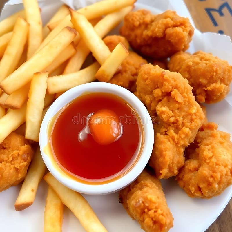A Serving Of Chicken Nuggets With Sweet And Sour Dipping Sauce Served With Fries Stock
