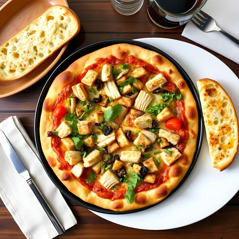 A Serving of Chicken and Veggie Pizza with a Side of Garlic Breadsticks ...