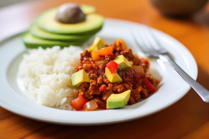 Serving Chili Over Rice on a White Plate, Side of Avocado Stock Image ...