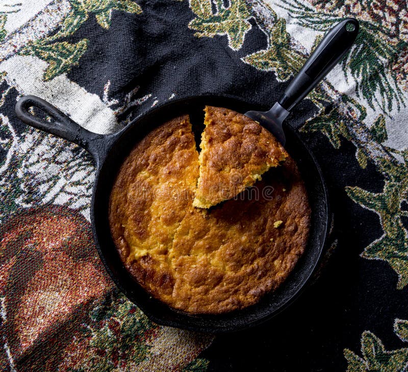 Serving Corn Bread in Cast-Iron Pan Stock Photo - Image of baked, slice ...