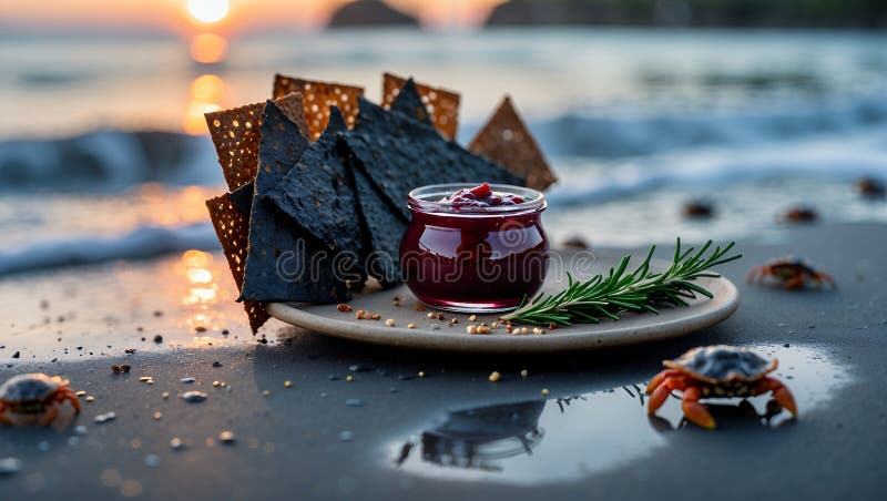 Sunset Beach Snack: Black Crackers, Berry Jam, and Rosemary Stock ...