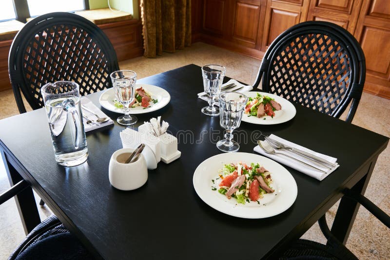 Serving Dinner Table for Three People at Cafe Stock Image - Image of ...