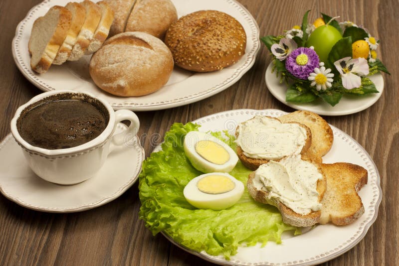 Serving Easter Table with Tasty Dishes Stock Photo - Image of leaves ...