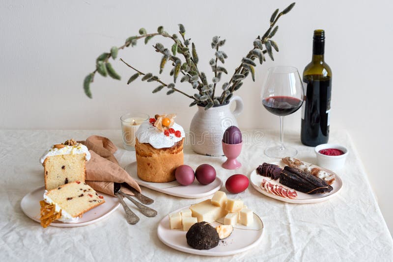 Serving Easter Table with Tasty Dishes and Glass of Wine Stock Photo ...