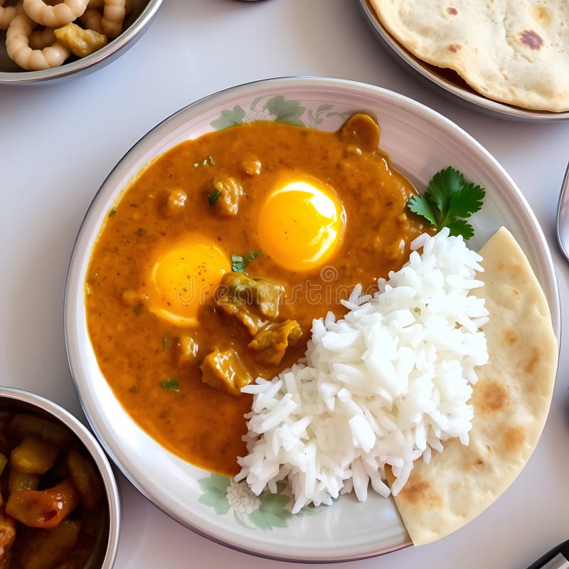 A Serving of Egg Curry with Rice, Roti, and a Side of Pickle on a ...