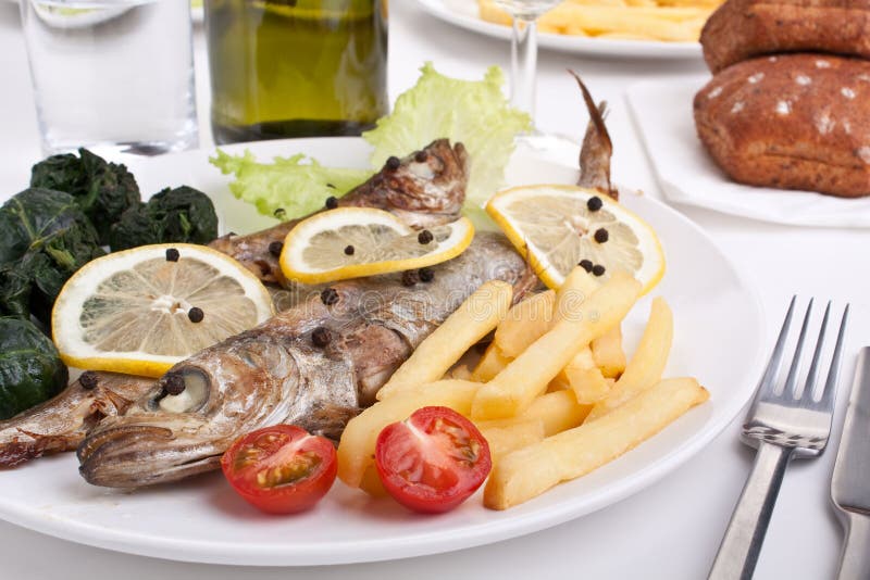 Serving of Grilled Fish with Spinach Stock Photo - Image of cooking ...