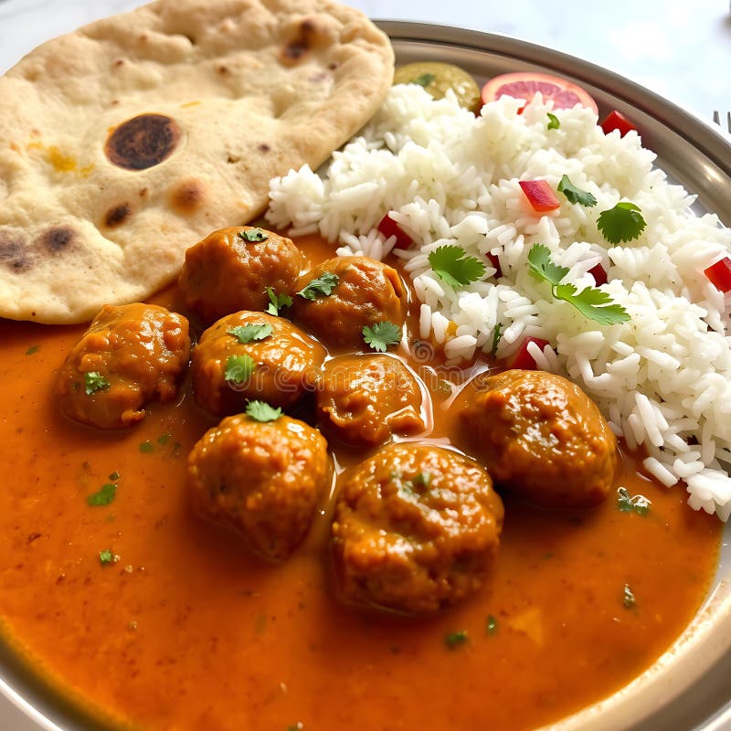 A Serving of Kofta Curry with Roti and Rice, Placed on a Traditional ...