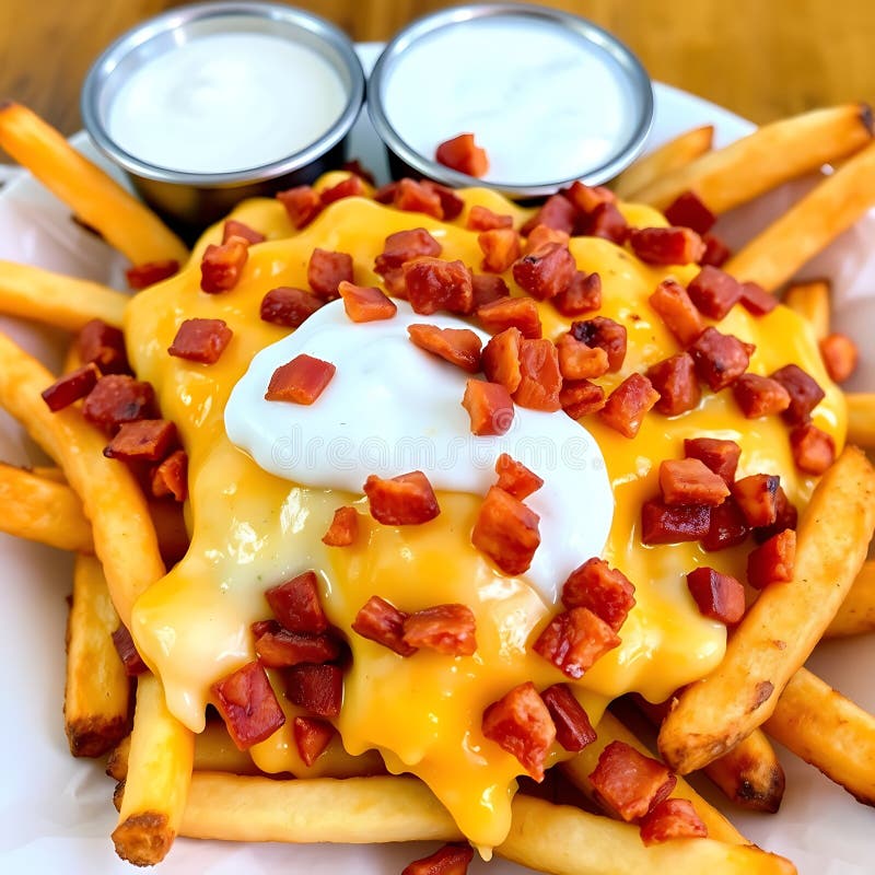 A Serving of Loaded Fries with Melted Cheese, Bacon Bits, and a Side of ...