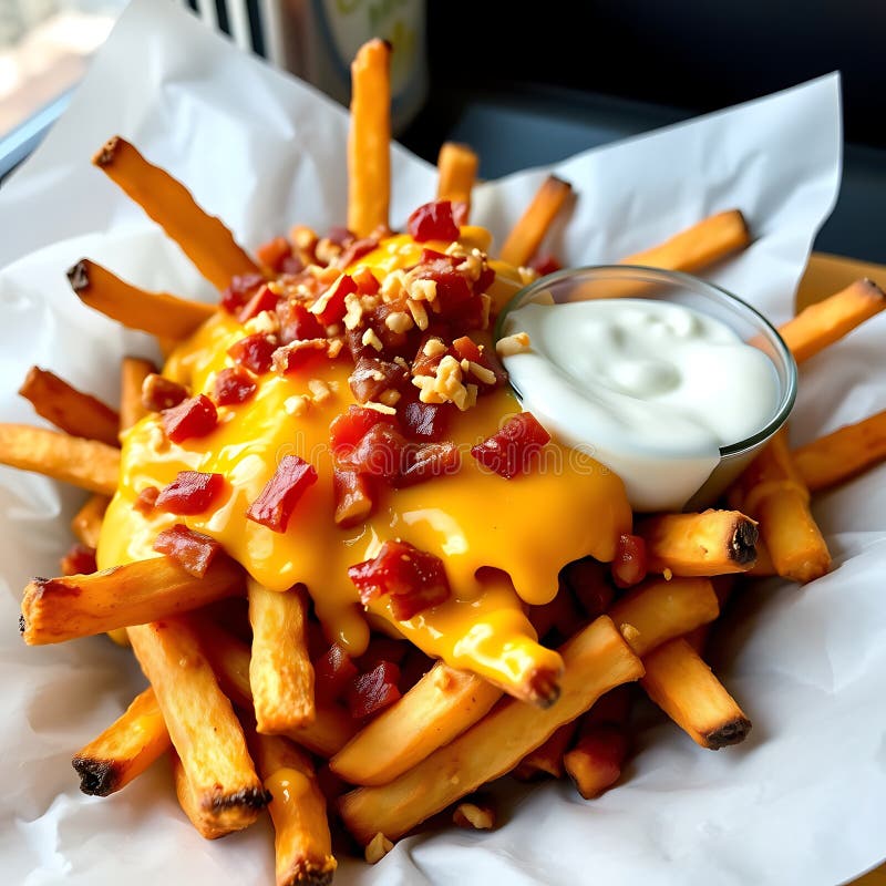 A Serving of Loaded Fries with Melted Cheese, Bacon Bits, and a Side of ...
