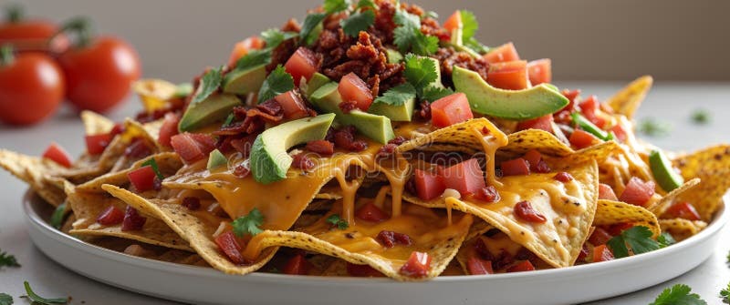 Serving of Loaded Nachos with Cheese and Fresh Toppings on Plate. Stock ...