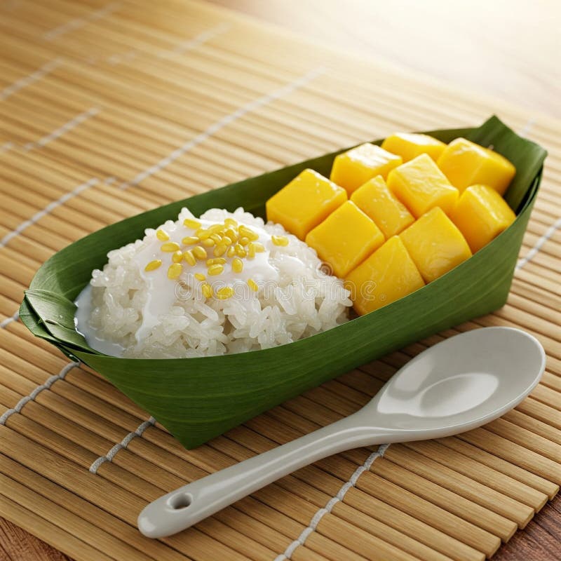 Thai Mango Sticky Rice in a Leaf Boat Dish Stock Illustration ...