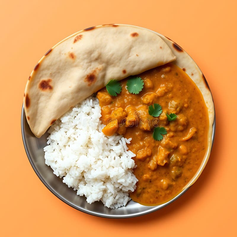 A Serving of Masala Dal with Rice and Chapati on a Pastel Orange ...