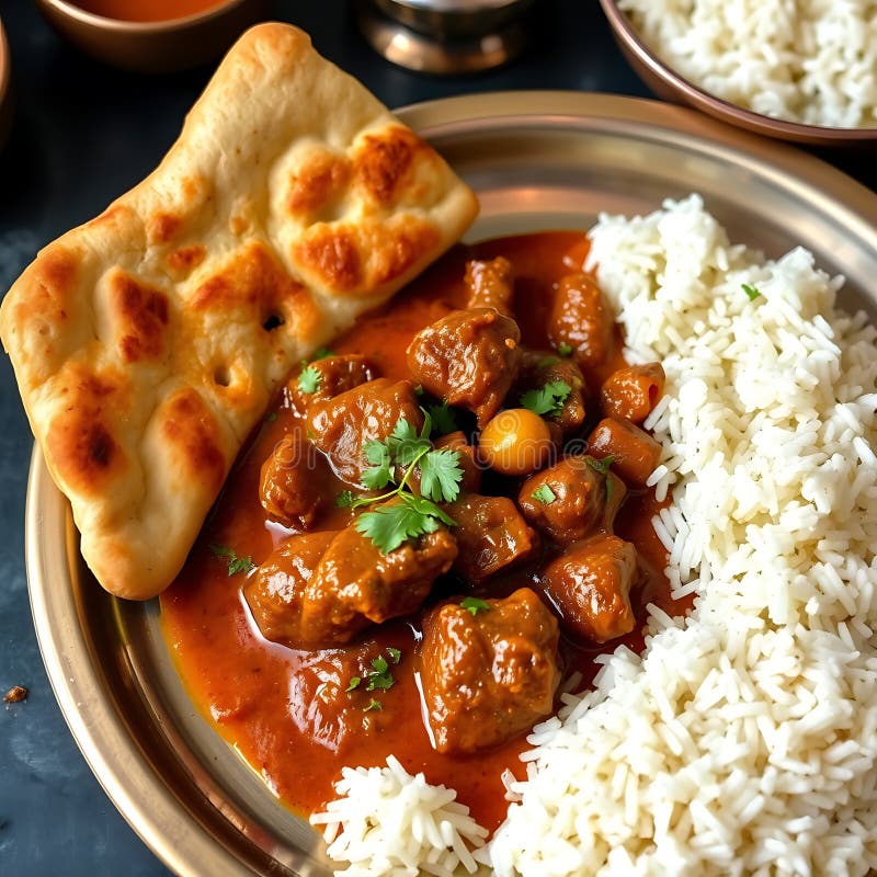 A Serving of Mutton Curry with Naan and Rice on a Traditional Indian ...